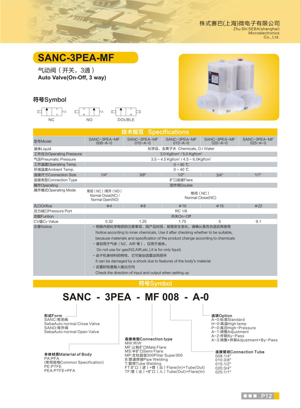 SANC-3PEA-MF 气动阀(开关，3通)-株式赛巴(上海)微电子有限公司